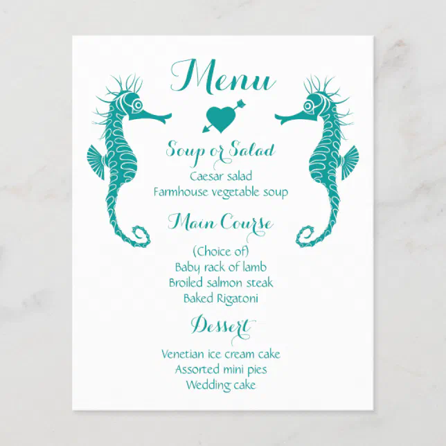 Teal Menu Seahorse Wedding - Beach Nautical | Zazzle