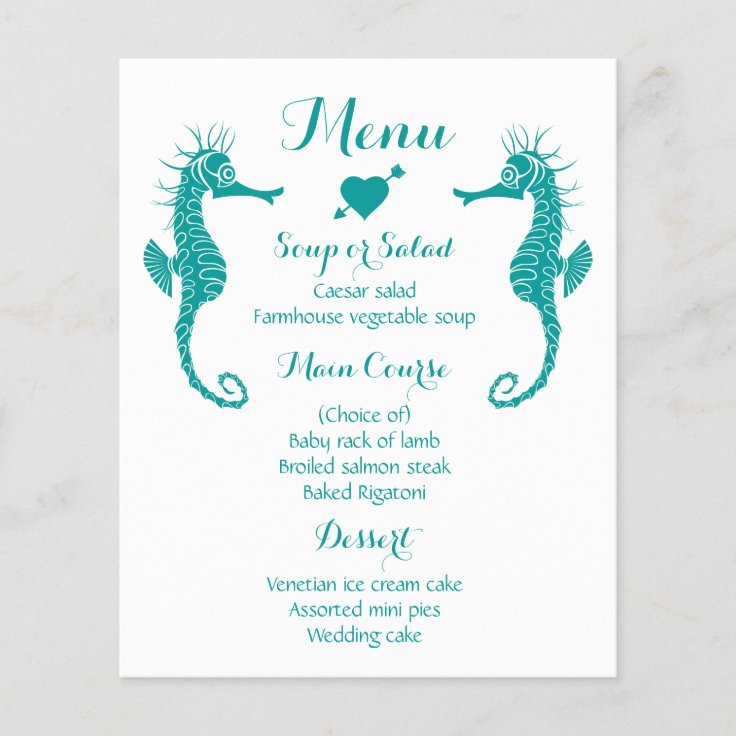 Teal Menu Seahorse Wedding - Beach Nautical | Zazzle