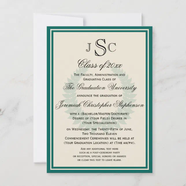 Teal Monogram Laurel Classic College Graduation Invitation | Zazzle
