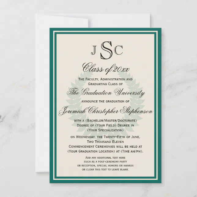 Teal Monogram Laurel Classic College Graduation Invitation | Zazzle