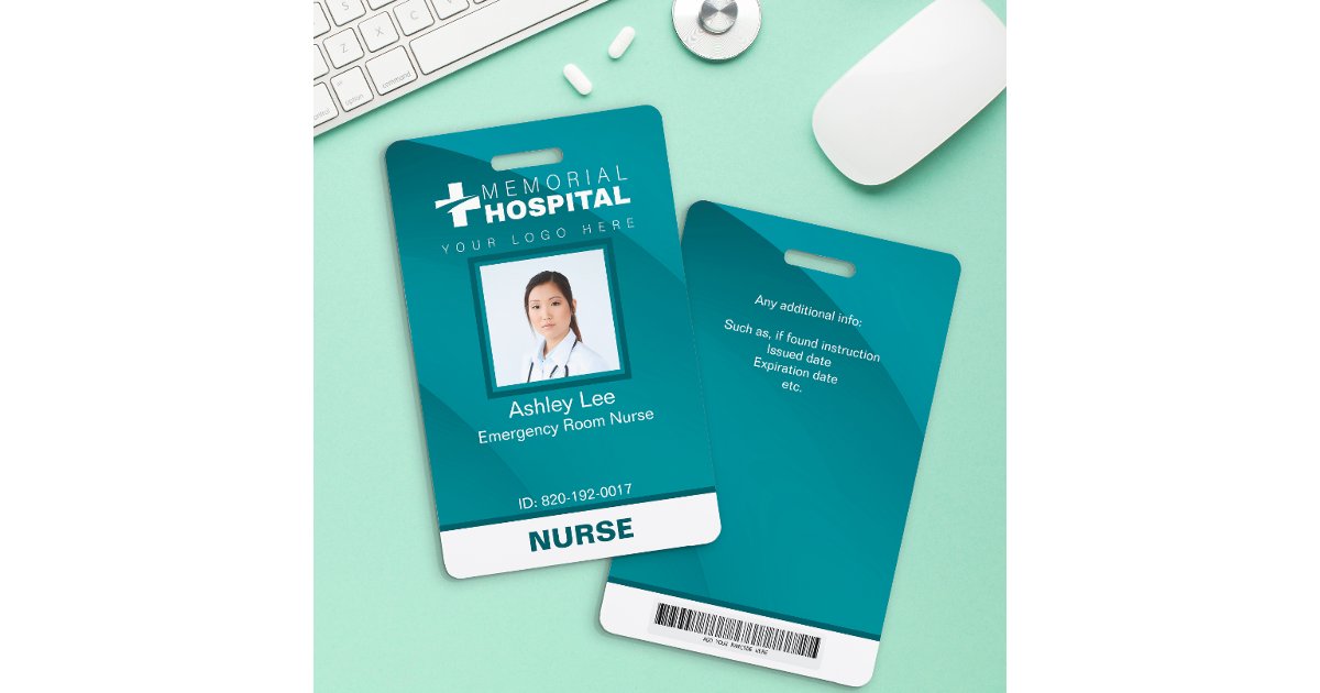 Teal Nurse ID Badge with Photo & Barcode | Zazzle