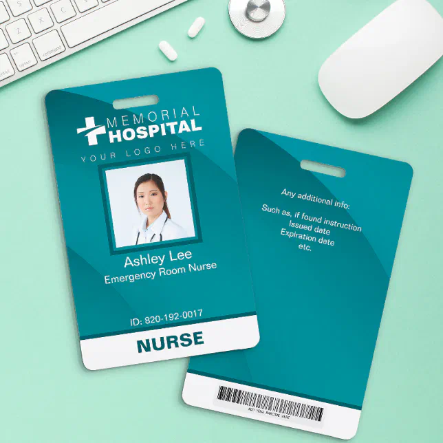 Teal Nurse ID Badge with Photo & Barcode | Zazzle