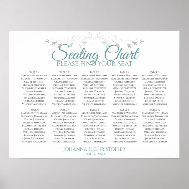 Teal on White 10 Table Wedding Seating Chart | Zazzle