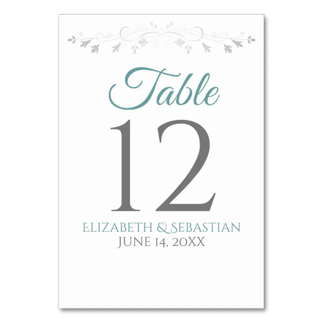 Teal or Turquoise & Gray Simple Elegant Wedding Table Number | Zazzle