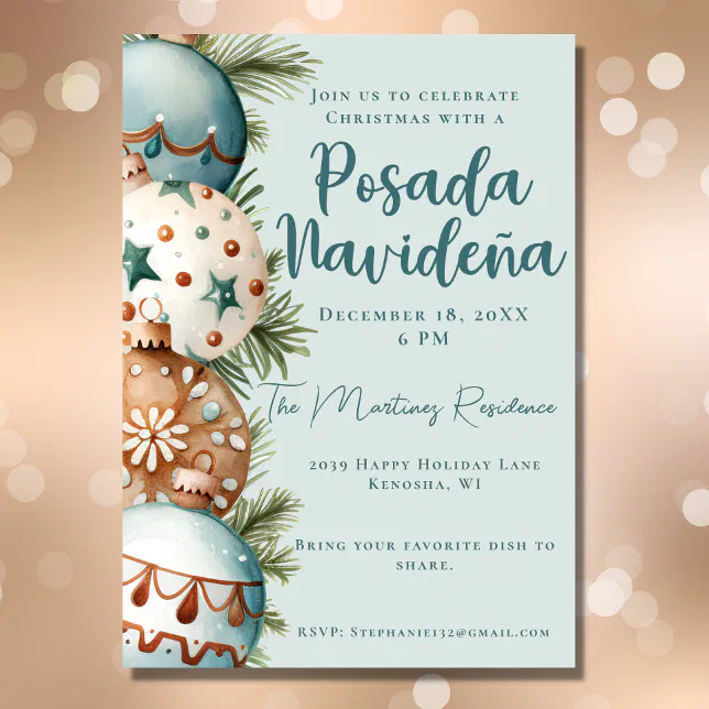 Teal Ornament Festive Mexican Posada Navideña Invitation | Zazzle