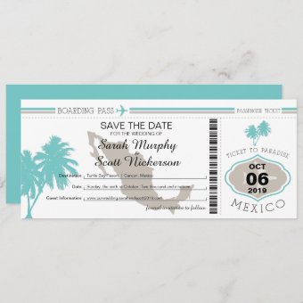 Teal Palm Tree Save the Date Boarding Pass | Zazzle