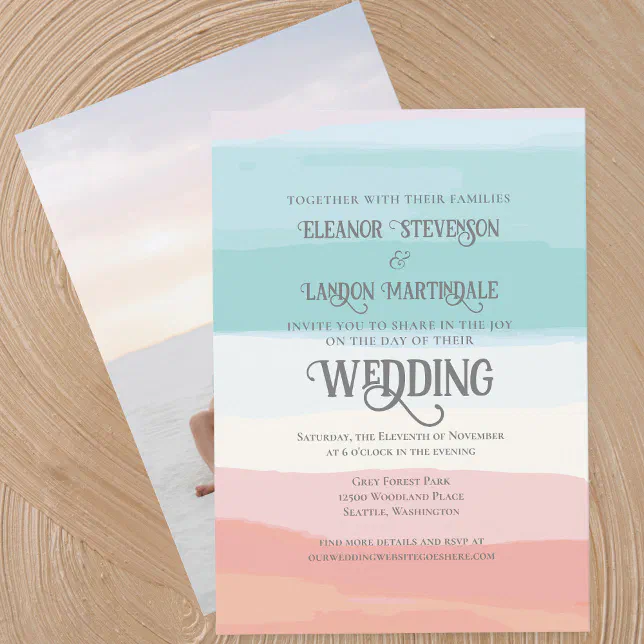 Teal Peach Watercolor Sunset Outdoor Wedding Invitation | Zazzle