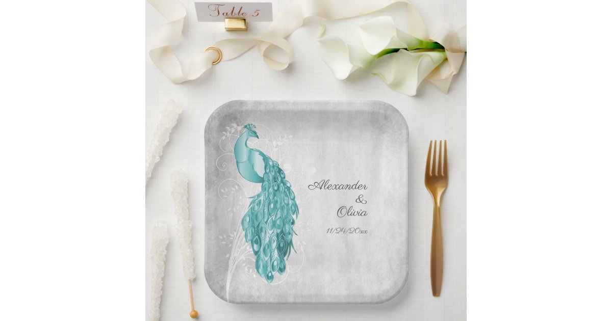 Teal Peacock Wedding Shower Paper Plates | Zazzle