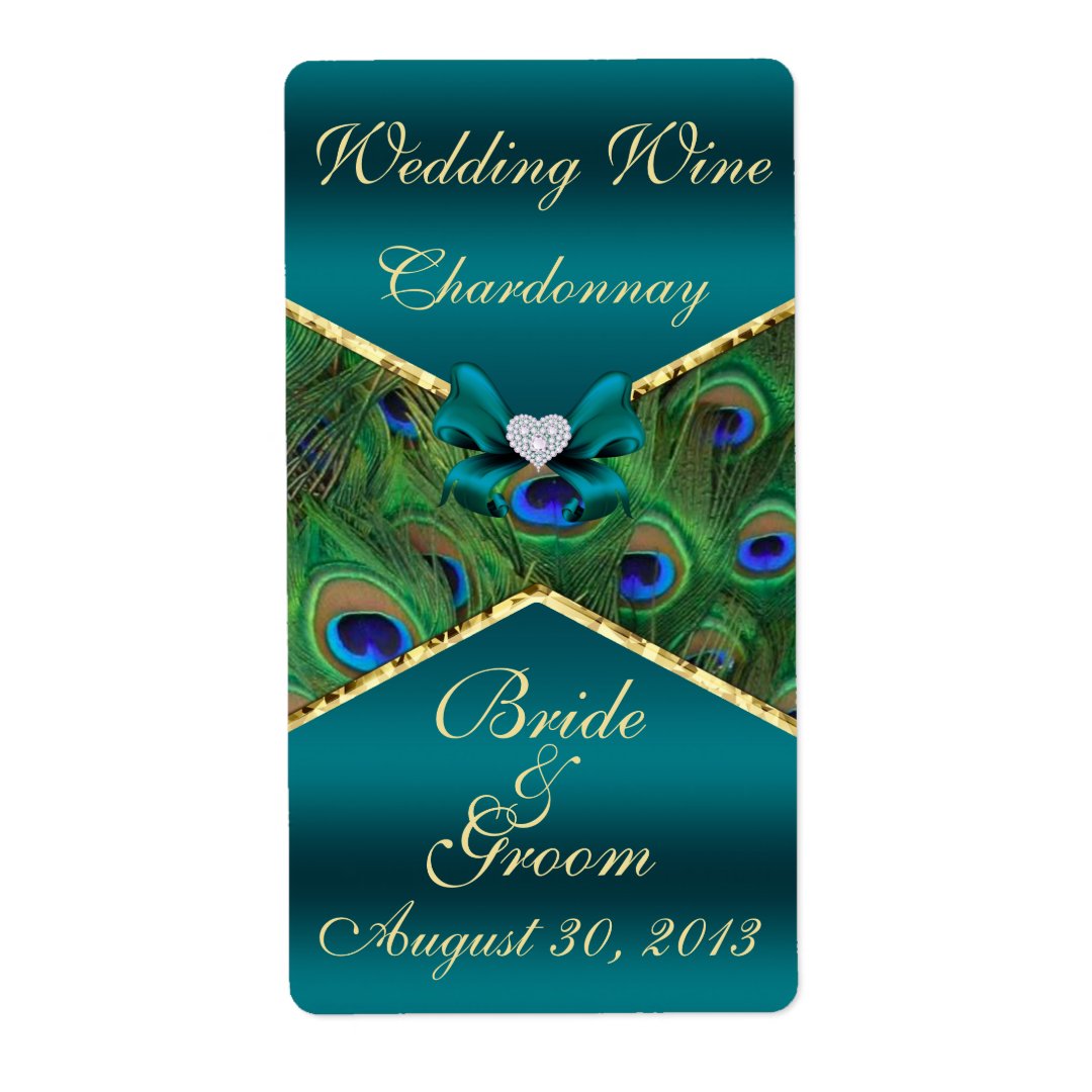 Teal Peacock Wedding Wine Label | Zazzle