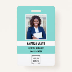 Teal | Photo Employee Logo or QR CODE Security Badge | Zazzle
