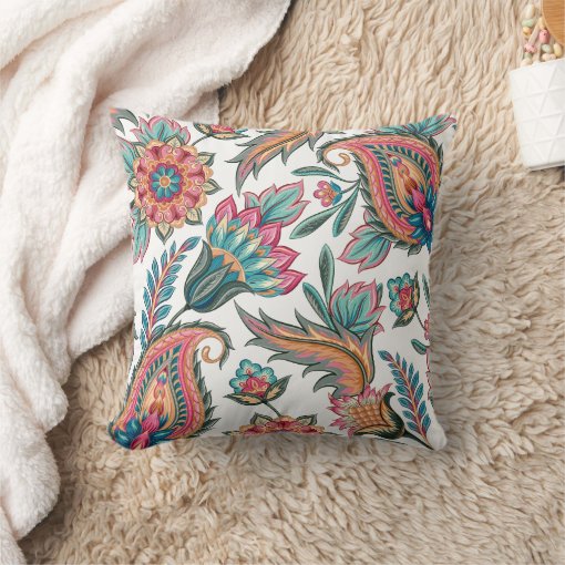 Teal Pink Orange Paisley Floral Throw Pillow | Zazzle