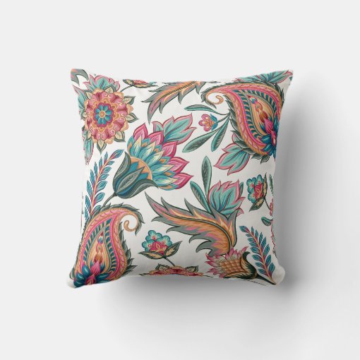 Teal Pink Orange Paisley Floral Throw Pillow | Zazzle