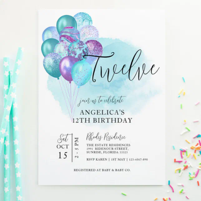 Teal Purple Balloons 12th Birthday Invitation | Zazzle