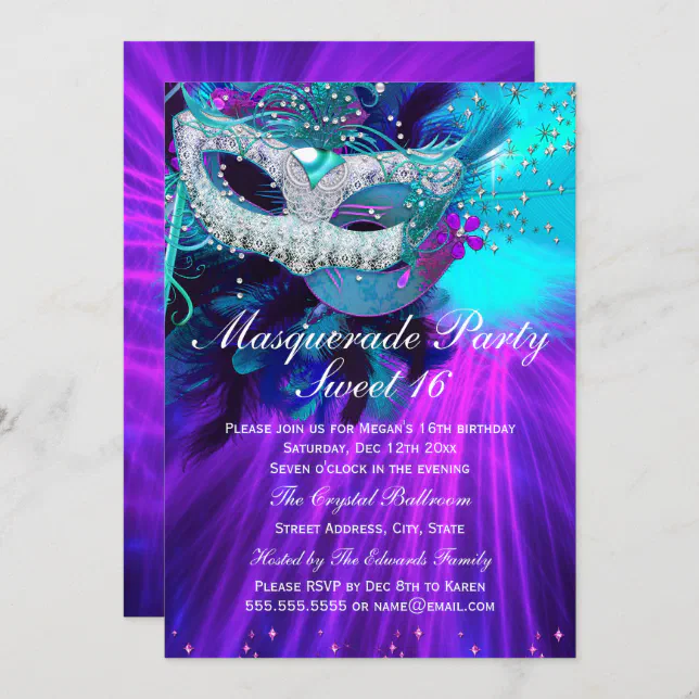 Teal Purple Feather Masked Masquerade Party Invitation | Zazzle