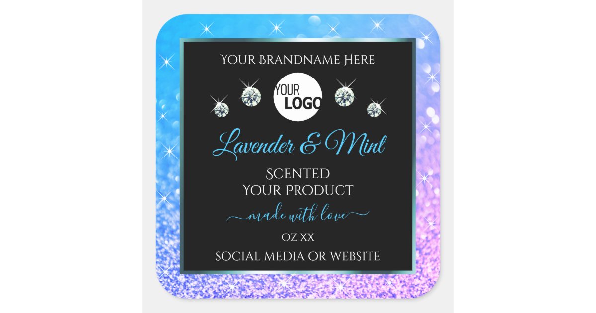 Teal Purple Glitter Black Product Labels with Logo | Zazzle