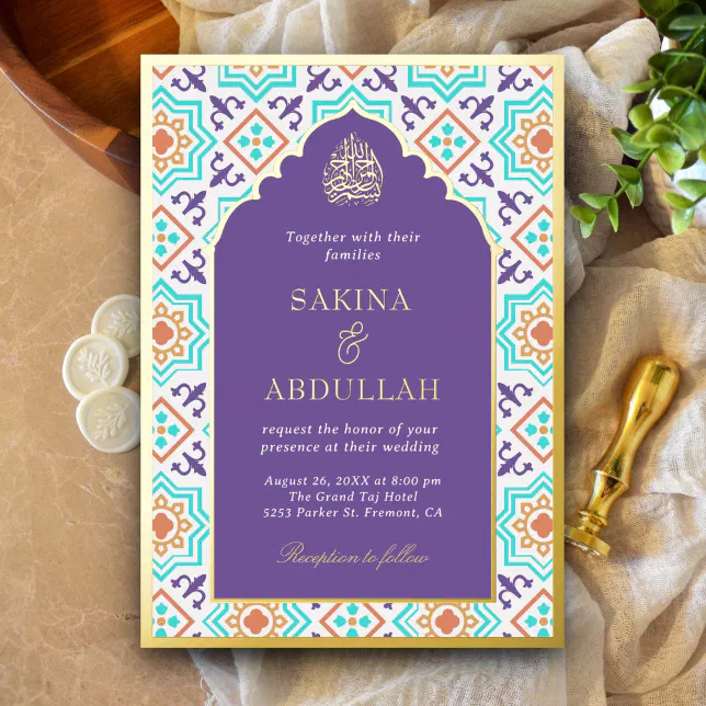 Teal Purple Persian Mosaic Muslim Wedding Gold Foil Invitation | Zazzle