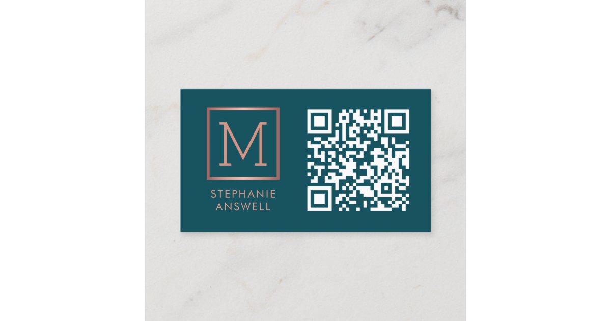 Teal QR Code Logo Monogram Rose Gold Business Card | Zazzle