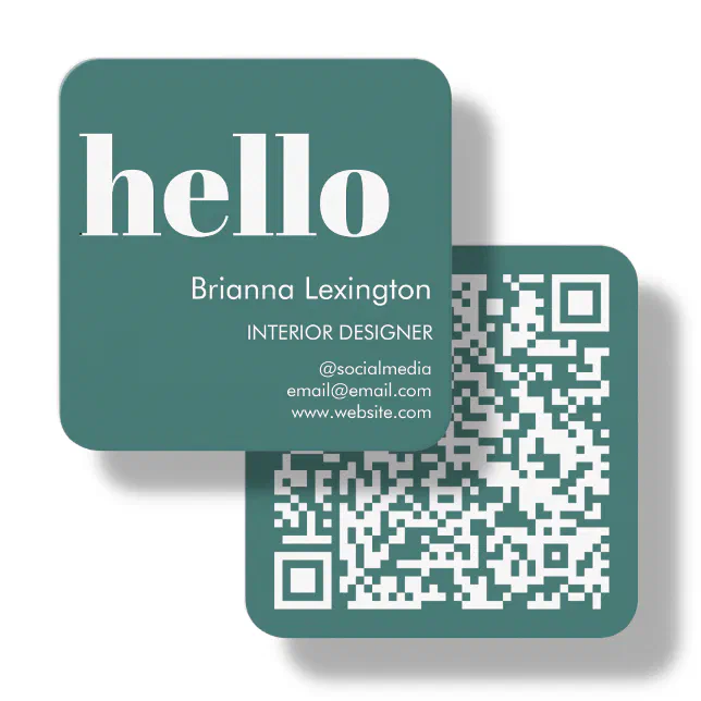 Teal | QR Code Social Media Hello Square Business Card | Zazzle