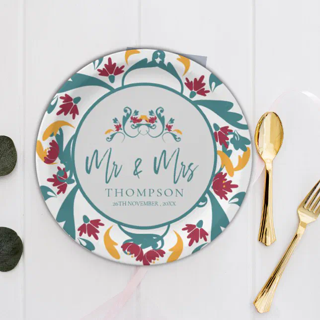 Teal Red Ornamental Mr Mrs Name Wedding Party Paper Plates | Zazzle