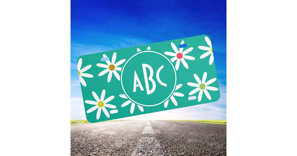 Teal Retro Daisies Monogram License Plate | Zazzle