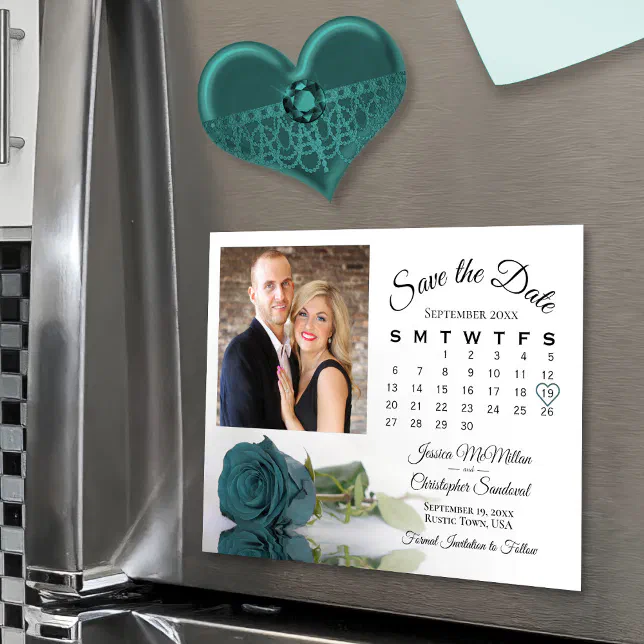 Teal Rose Calendar Photo Wedding Save Date Magnet | Zazzle