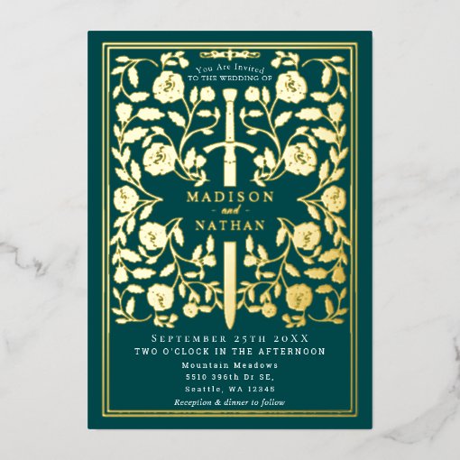 Teal Royal Medieval Sword Wedding Foil Invitation | Zazzle