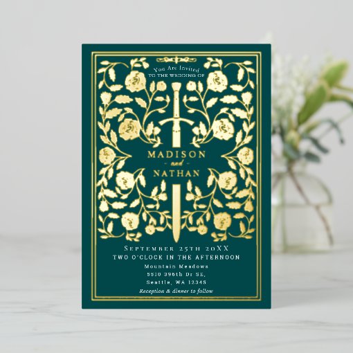 Teal Royal Medieval Sword Wedding Foil Invitation | Zazzle