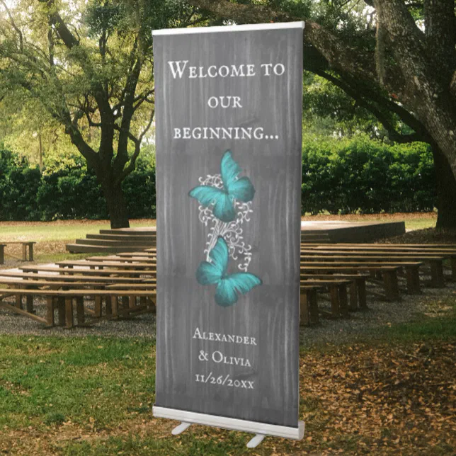 Teal Rustic Butterfly Wedding Welcome Banner | Zazzle