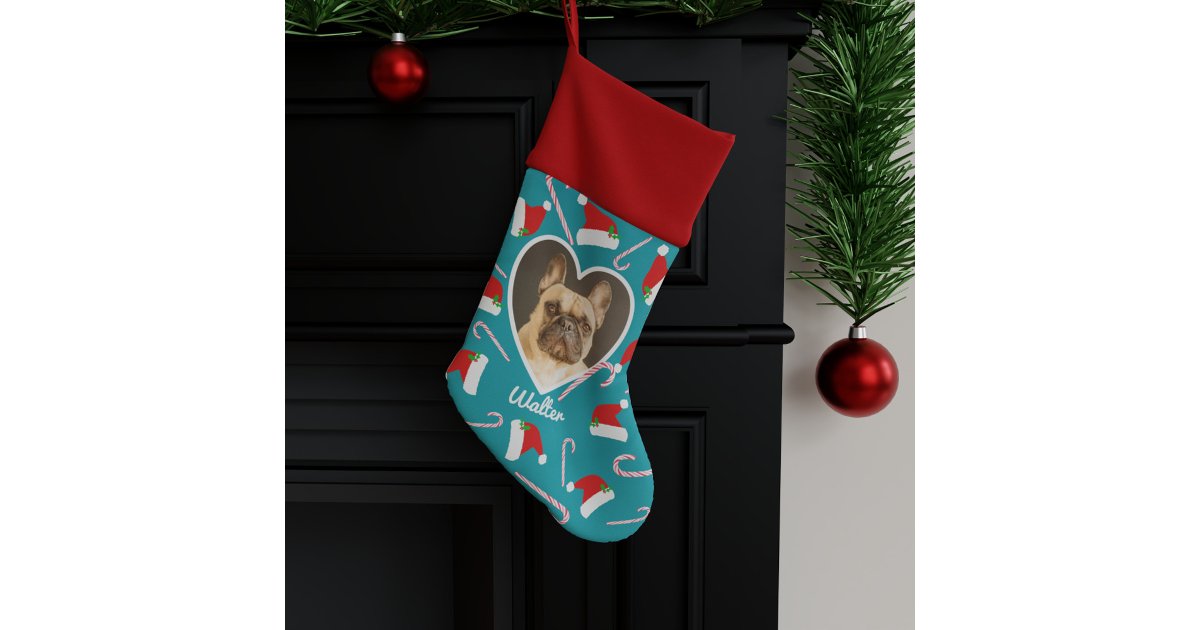 Teal Santa Hat Dog Photo Christmas Stocking | Zazzle