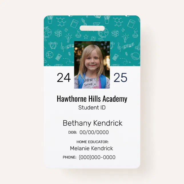Teal School Icons Homeschool Student ID Badge | Zazzle