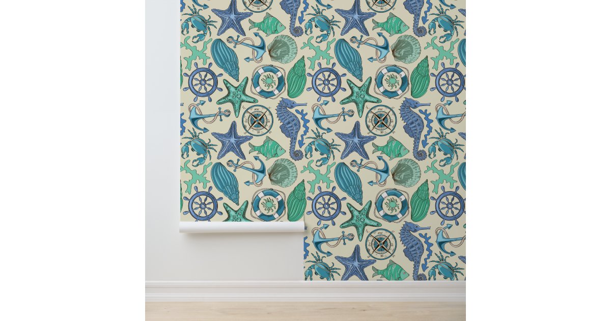 Teal Sea Animals Pattern Wallpaper | Zazzle