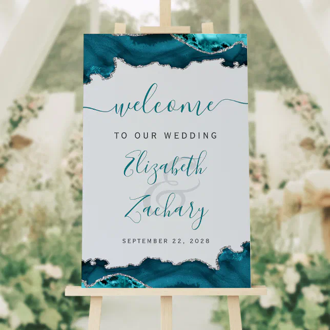 Teal Silver Agate Gray Wedding Welcome Foam Board | Zazzle