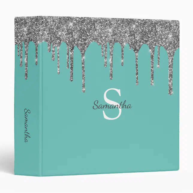 Teal Silver Glitter Drips Sparkle Monogram Name 3 Ring Binder | Zazzle