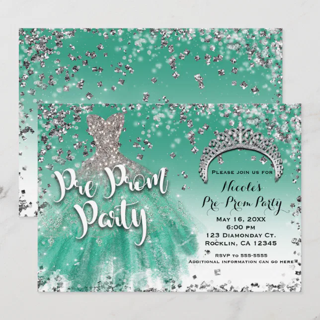 Teal & Silver Glitter Glam Dress Pre Prom Party Invitation | Zazzle