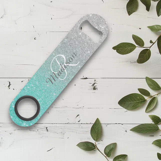 Teal Silver Glitter Look Ombre Monogram Bar Key | Zazzle