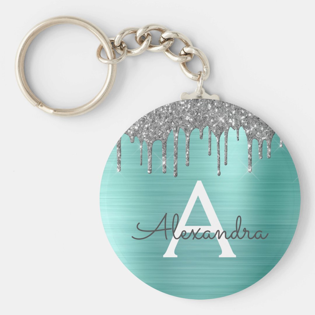 Teal Silver Glitter Stainless Steel Monogram Keychain | Zazzle