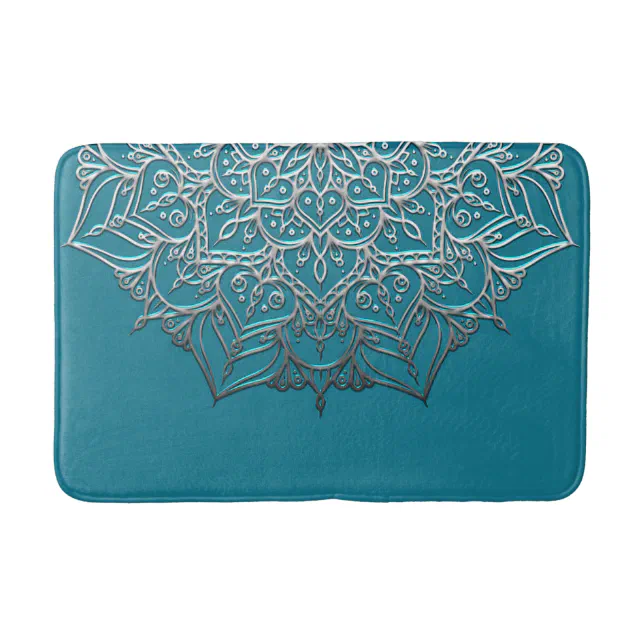 Teal & Silver Mandala Elegant Minimal Moroccan Bath Mat | Zazzle