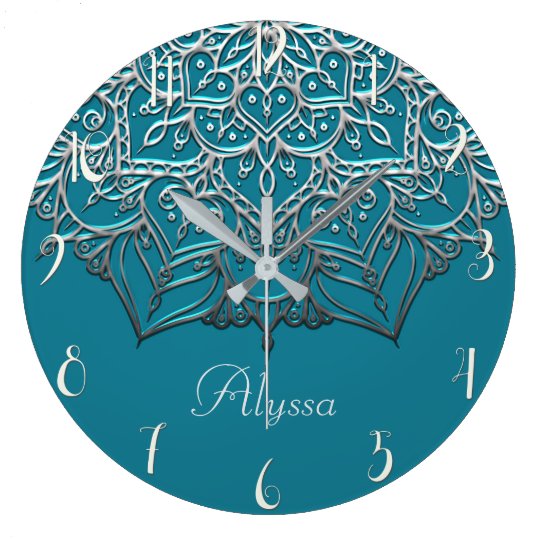 Teal & Silver Mandala Elegant Minimal Moroccan Large Clock | Zazzle.com