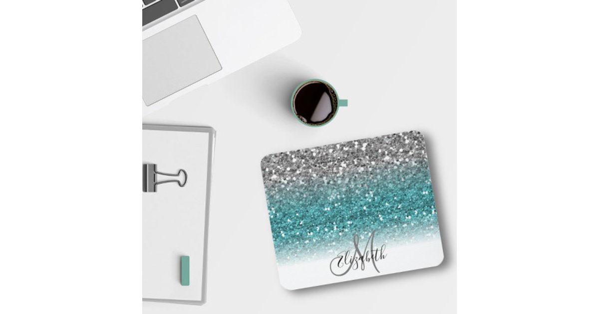 Teal Silver Ombre Glitter Bling Personalized Mouse Pad | Zazzle