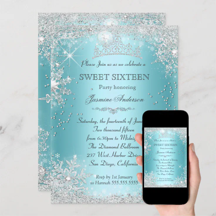 Teal Silver Winter Wonderland Sweet 16 Tiara Invitation | Zazzle