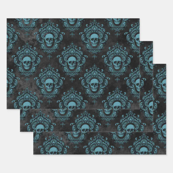 Teal Skull and Dark Grey Gothic Wrapping Paper Sheets | Zazzle