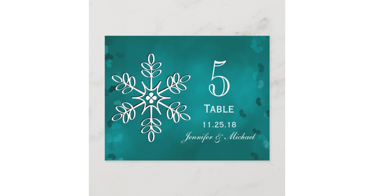 Teal Snowflake Wedding Table Number Cards | Zazzle