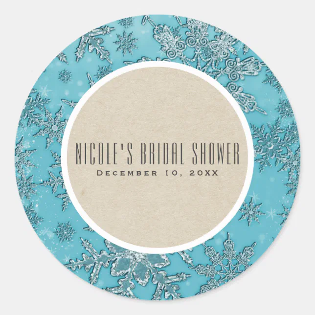 Teal Snowflakes Winter Wonderland Rustic Favor Classic Round Sticker ...