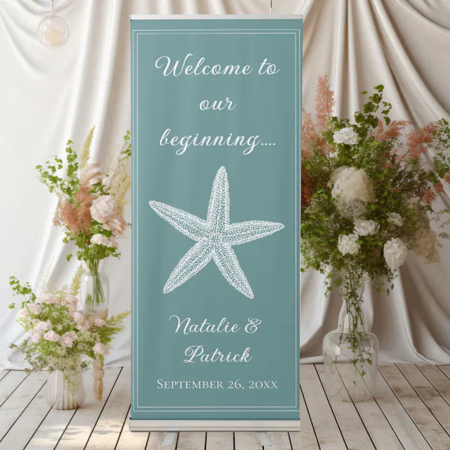 Teal Starfish Wedding Welcome Retractable Banner | Zazzle