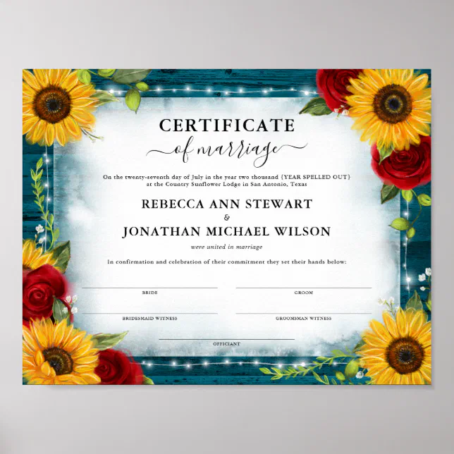 Teal Sunflower Rose Wedding Marriage Certificate Poster | Zazzle