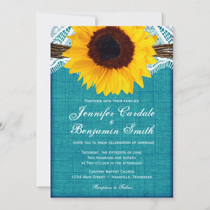 Teal Sunflower Rustic Country Wedding Invites | Zazzle