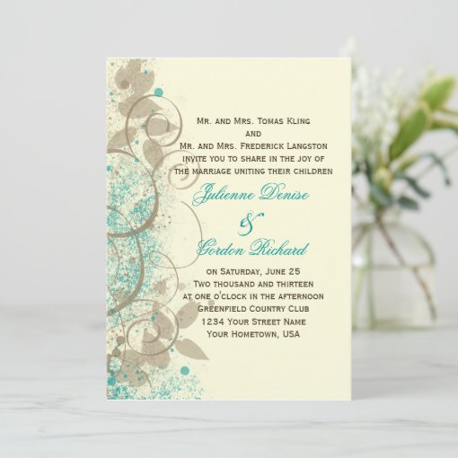 Teal Tan Grunge Swirls Leaves Wedding Invitation | Zazzle
