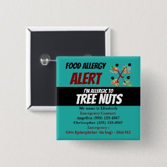 Teal Tree Nut Food Allergy Alert Warning Button | Zazzle