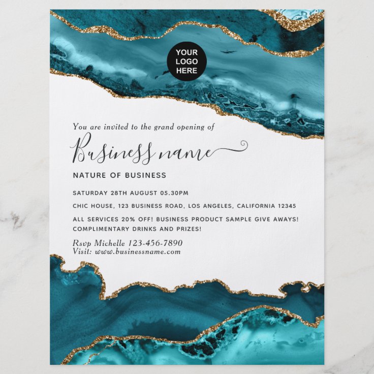 Teal - Turquoise and Gold Agate Grand Opening Flyer | Zazzle