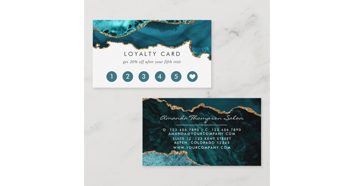 Teal - Turquoise and Gold Agate Loyalty Card | Zazzle